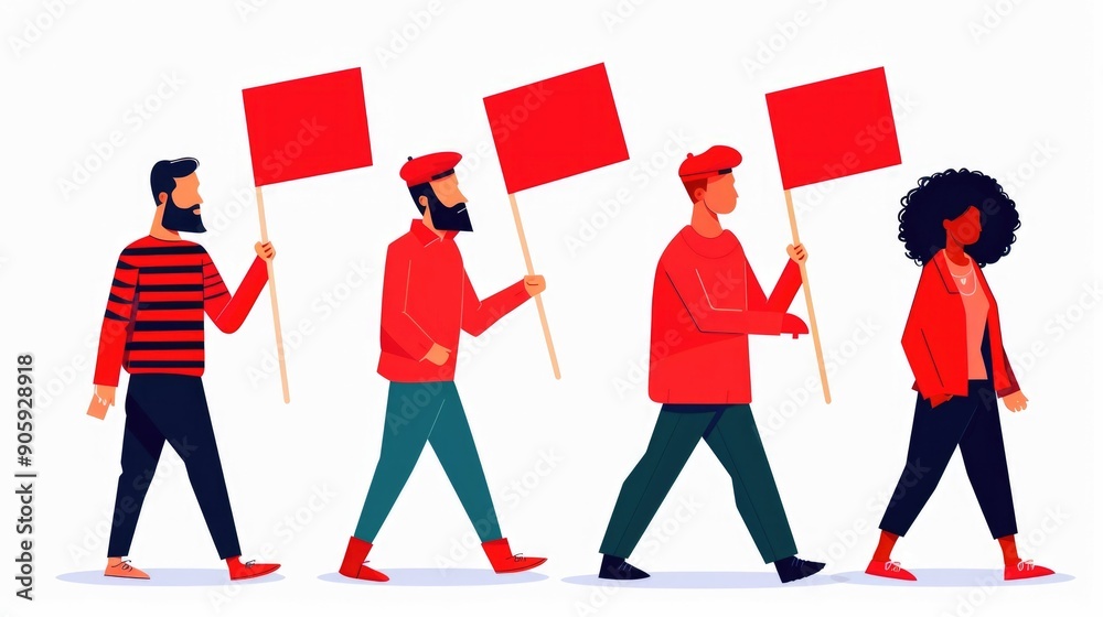 of a group of protesters marching with red flags advocating for social ...