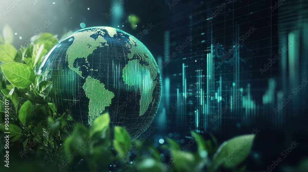 Globe with green leaves, bar chart displaying environmental data ...