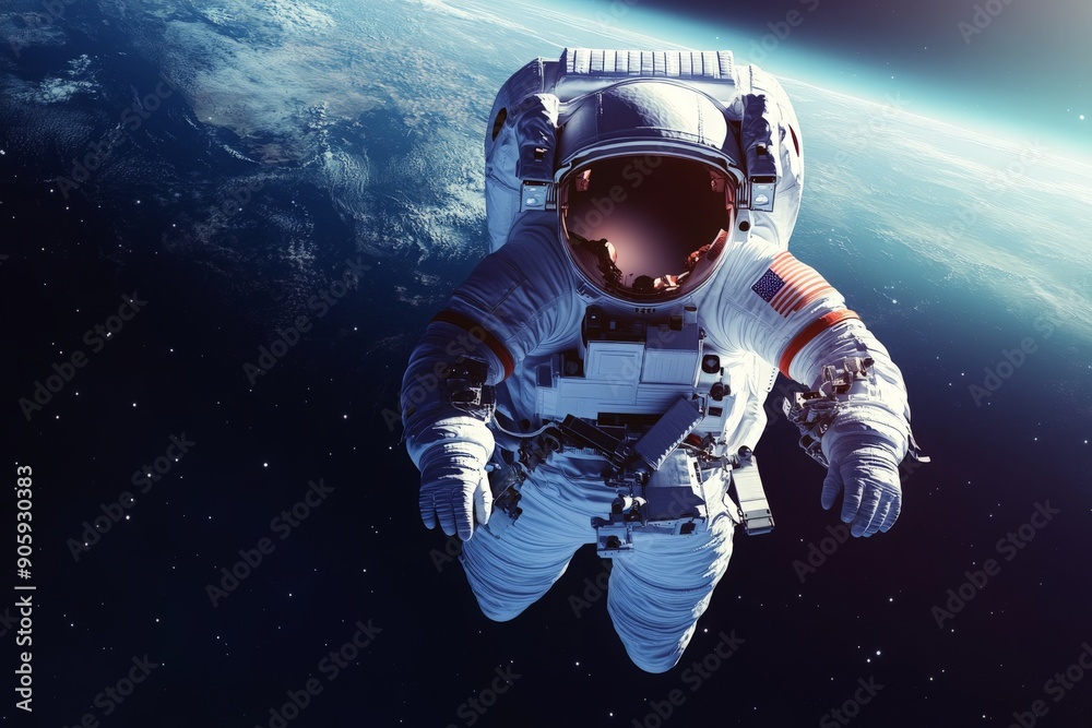 Astronaut in a space suit with an oxygen tank, floating in space with ...