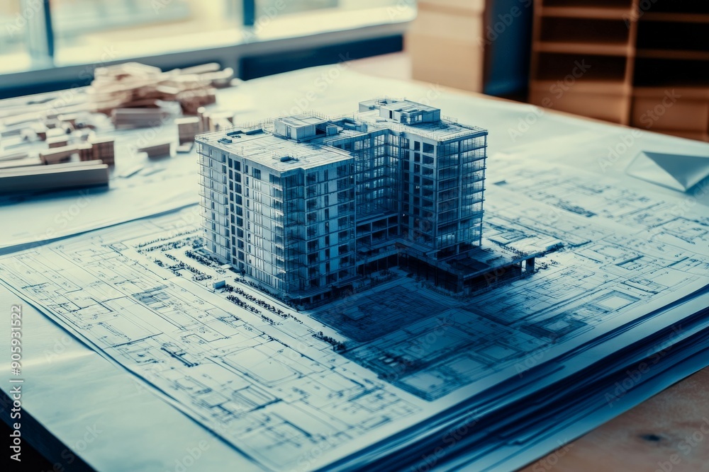 Detailed blueprint construction plan for a commercial building, laid ...