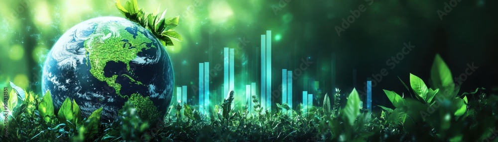 Bar chart with environmental data, globe adorned with green leaves ...