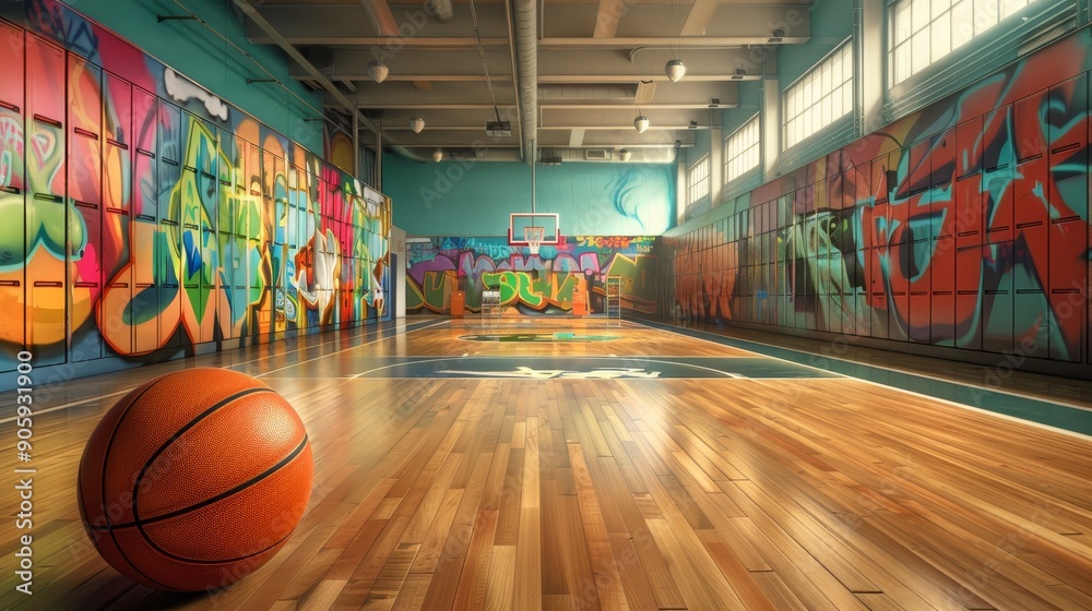 A basketball court with graffiti art on the walls, showcasing the ...
