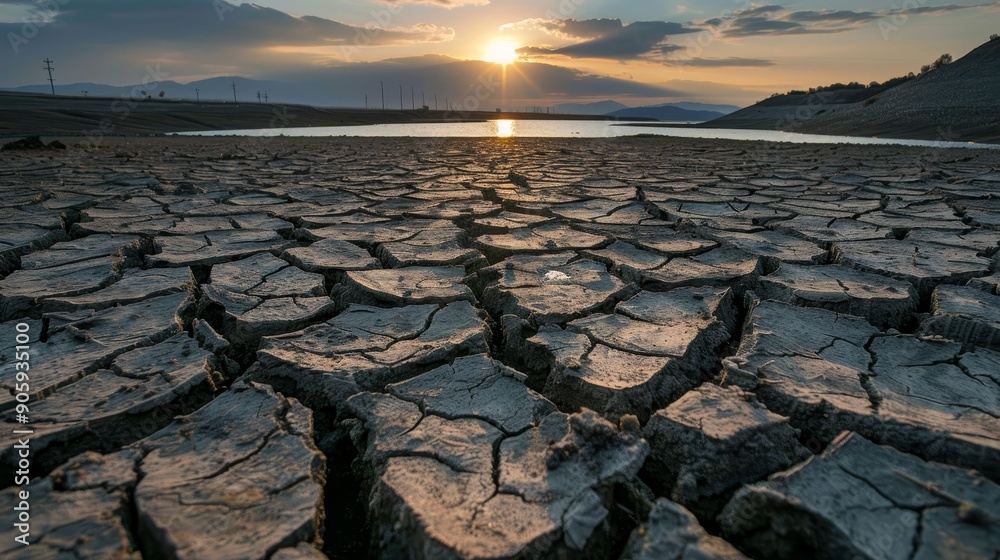 A cracked and parched lakebed, the sun setting behind a distant horizon ...