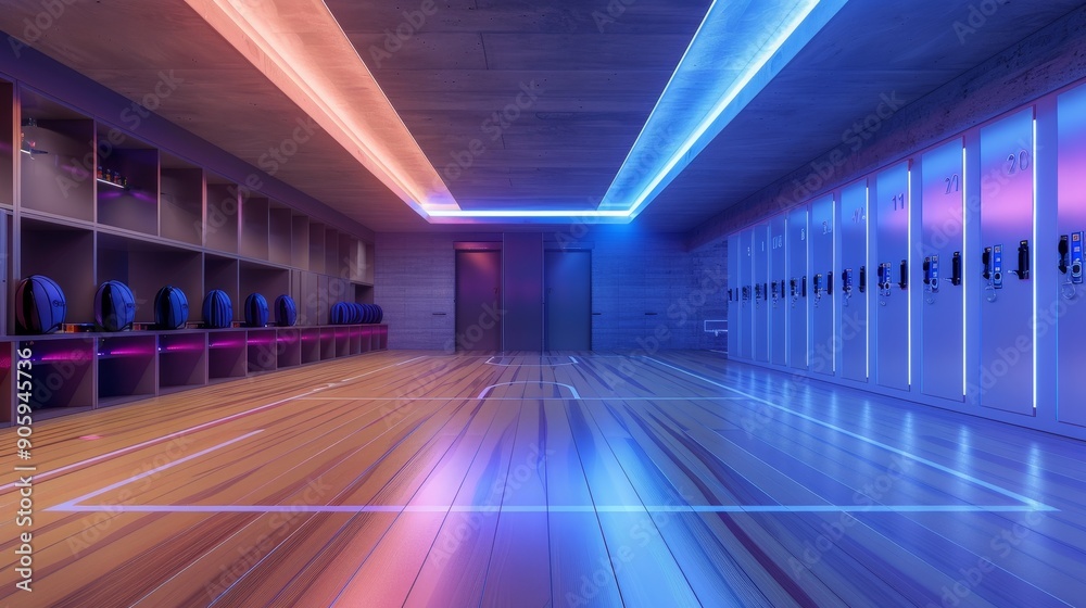 A spacious locker room with a wooden floor, illuminated by neon lights ...