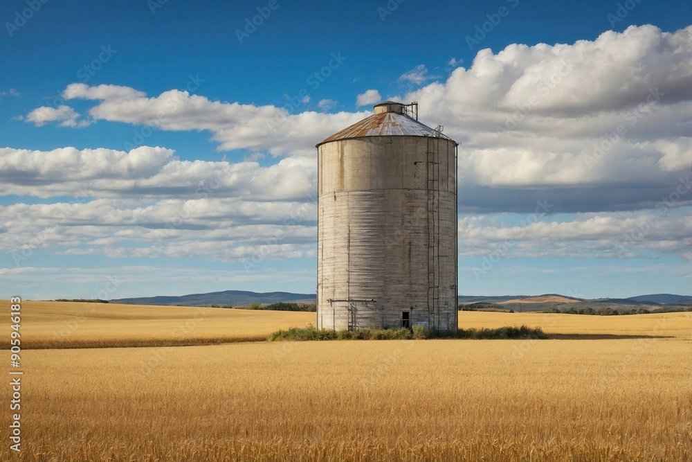 Rustic Silo in a Field: A tall, weathered silo standing alone in a vast ...
