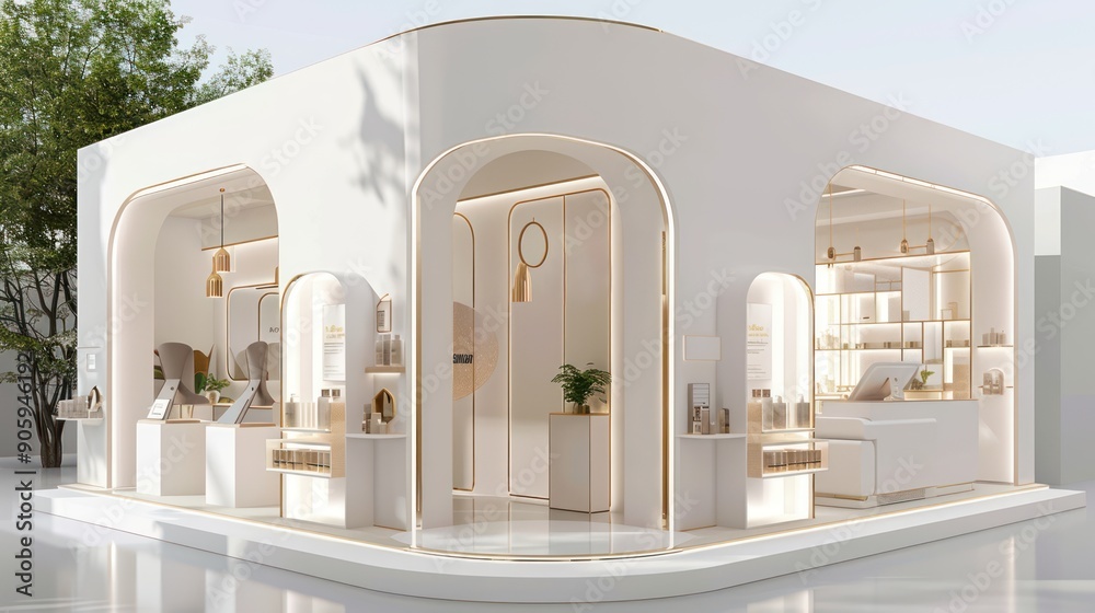 Design a square-shaped beauty salon exhibit with a striking side view ...