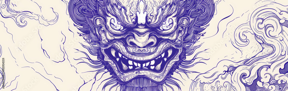Japanese Oni Demon Face Drawing Illustration - A detailed pen drawing ...