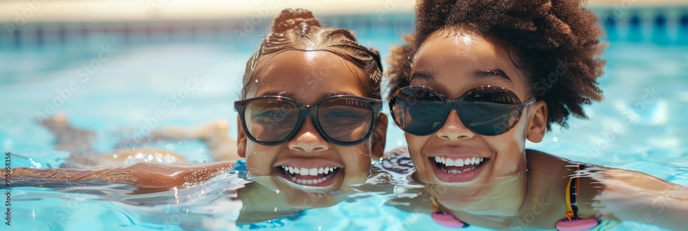 Two young girls with big smiles are swimming in a pool, enjoying a fun ...