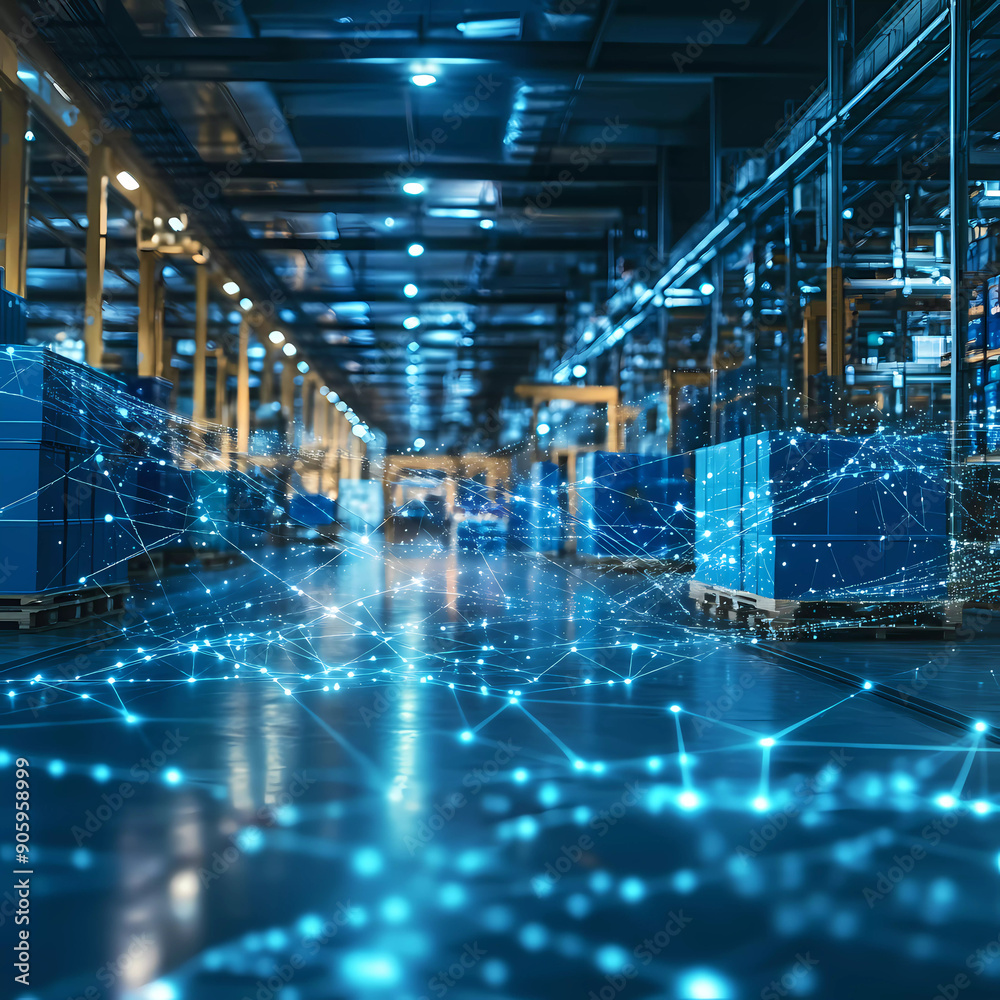A holographic projection of a supply chain network diagram in a ...