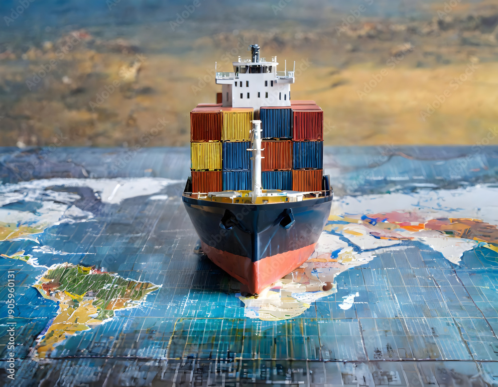 a container ship model on a world map, highlighting the concept of ...