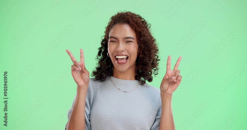 Green screen, hands and face of woman with peace sign, emoji and ...