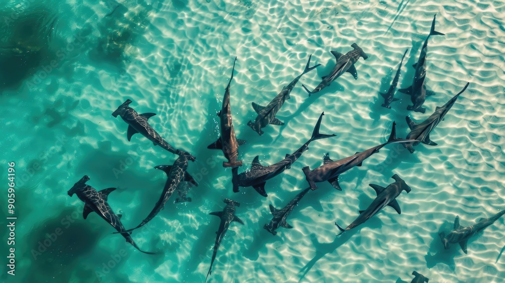 Photo & Art Print Aerial View of a School of Hammerhead Sharks Swimming in Shallow, Clear Water ...