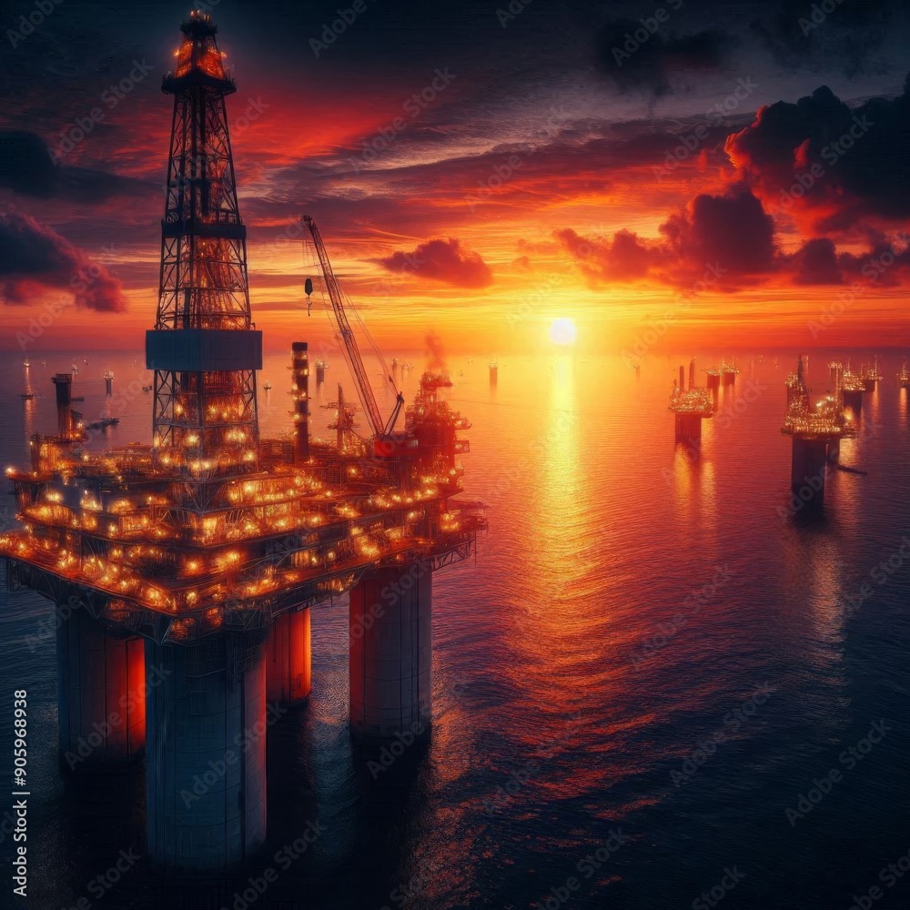 The oil rig glows against the setting sun, a beacon in the vastness of ...