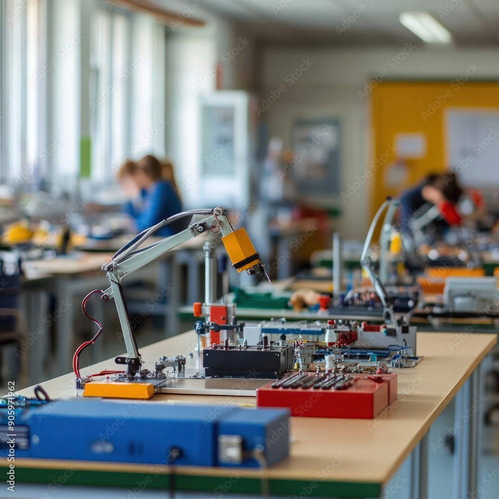 Vocational training classroom with students using technical equipment ...