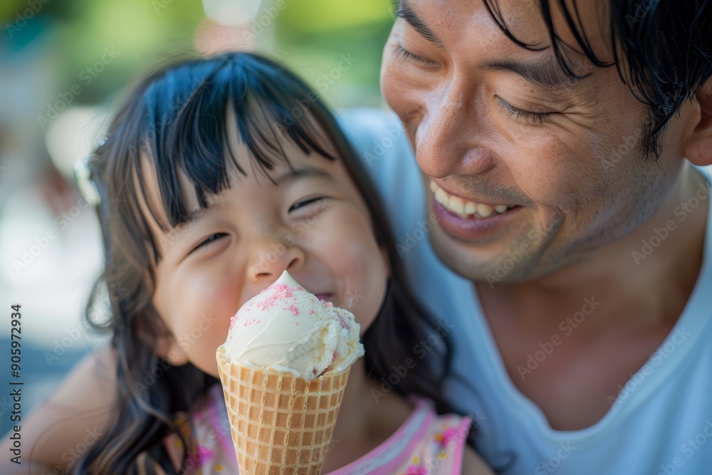 Asian father and daughter enjoying an ice cream cone together on a hot ...