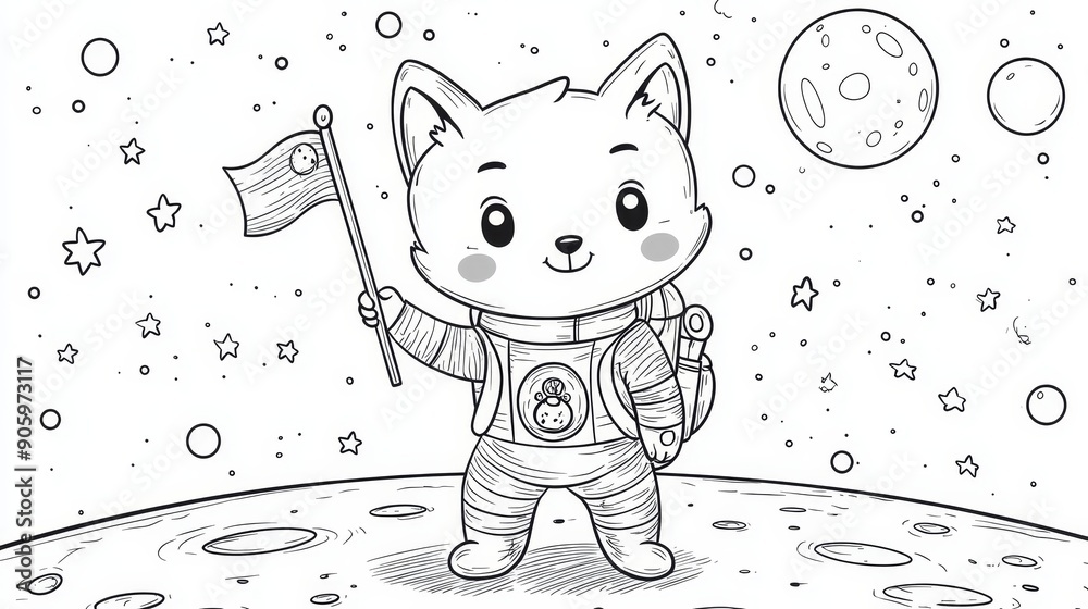 Fox in astronaut uniform waving flag on the moon coloring page for kids ...