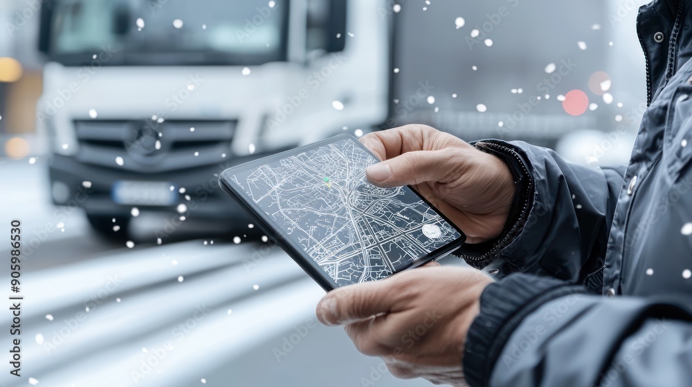 Professional Truck Driver Checking Route on High-Resolution GPS Device ...