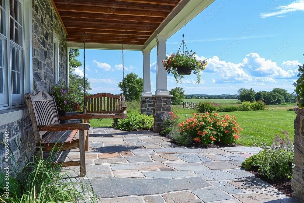 Architectural photograph of a front porch with an elegant swing ...