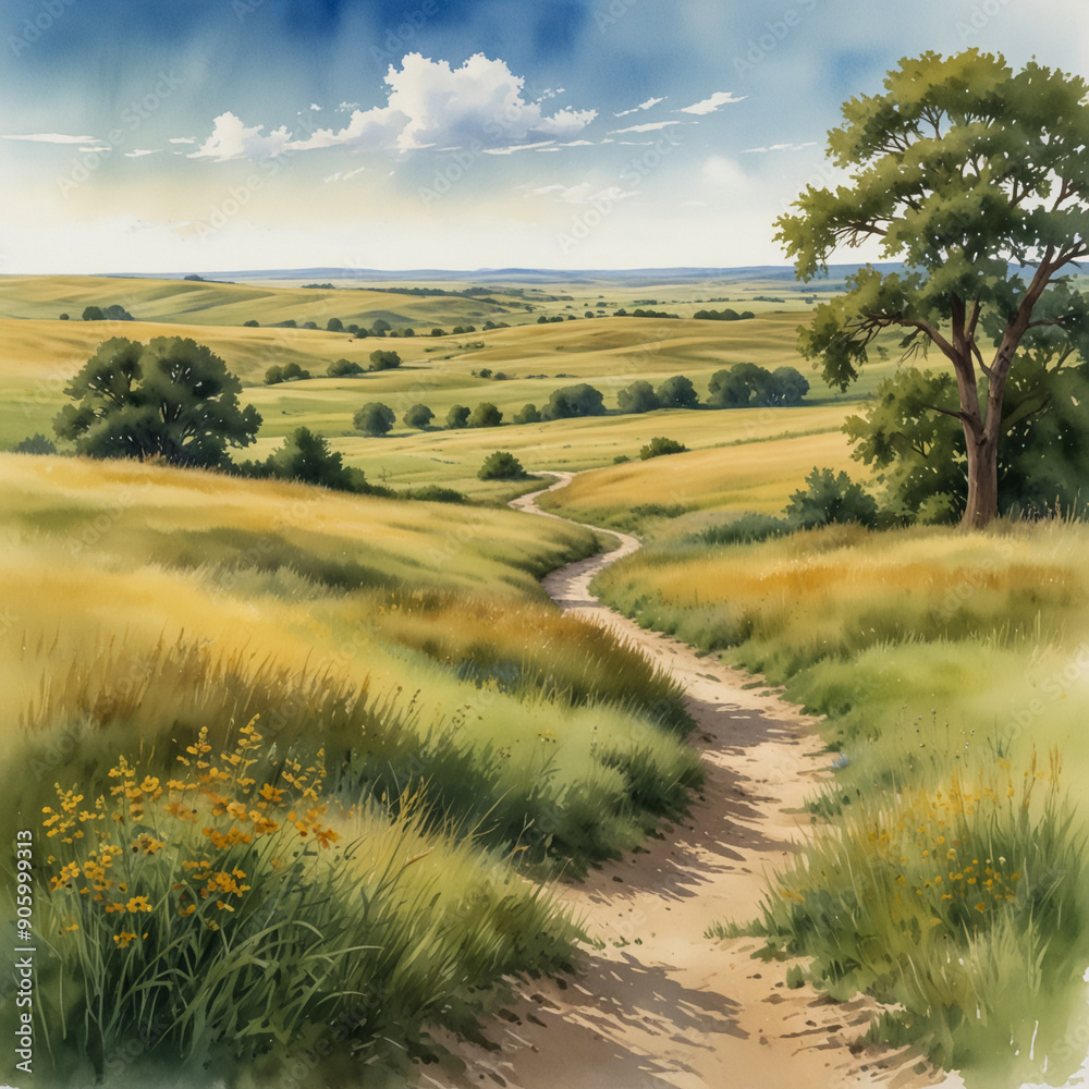 A stunning watercolor illustration of the Tallgrass Prairie National ...