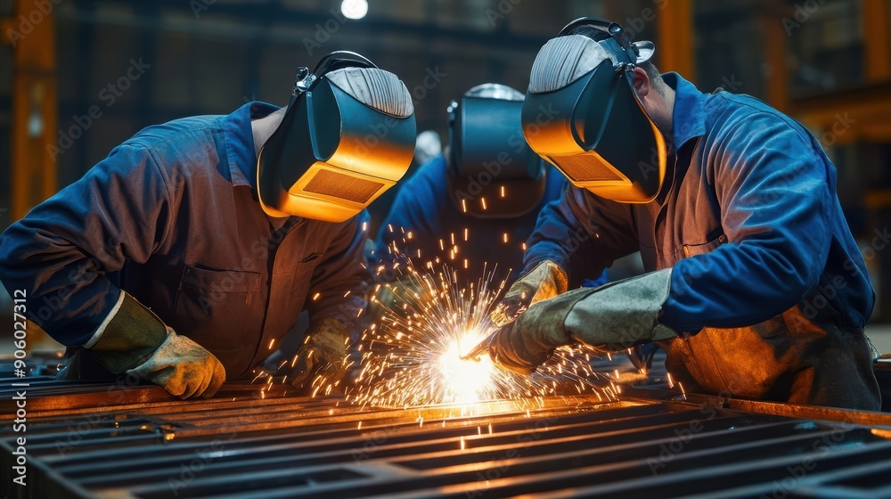 Team of welders working on a massive project, collaboration in industry ...