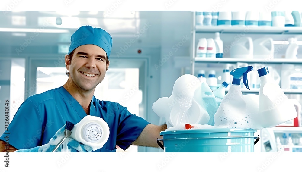 Happy janitor in blue uniform, holding suds bucket, cleaning tools ...