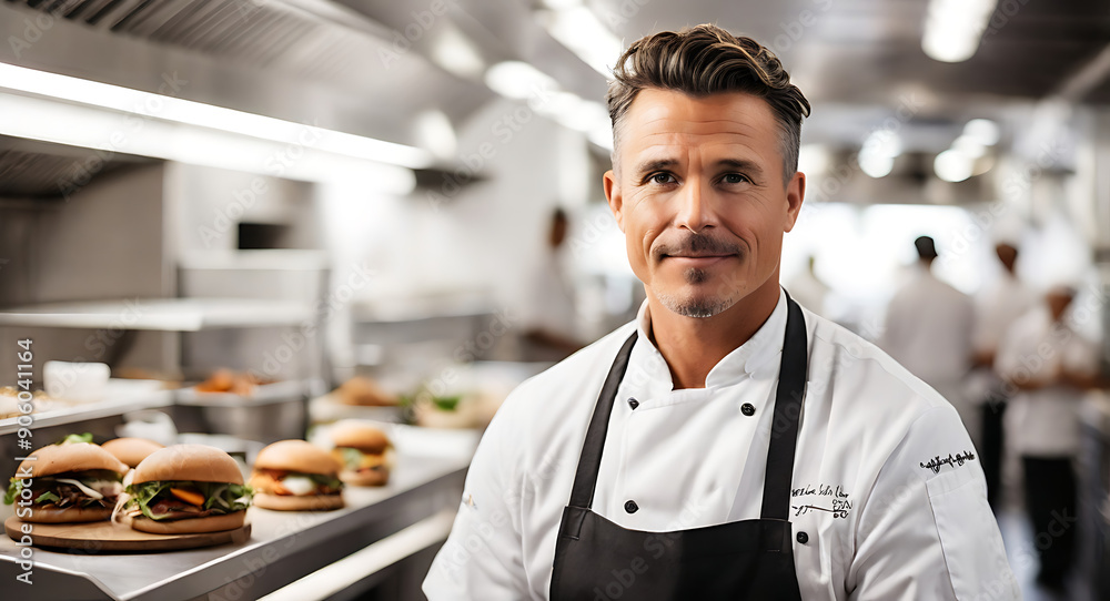 Diffused watermark portrait of a chef working in a gourmet food truck ...