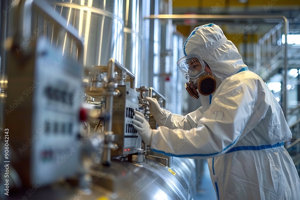 Hazmat suit employee at advanced facility, operating large metal ...