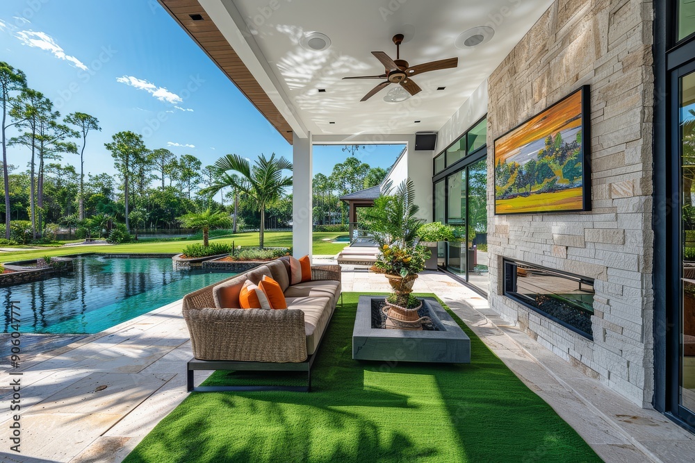 Elegant outdoor living area with green carpet and a pool, overlooking a ...
