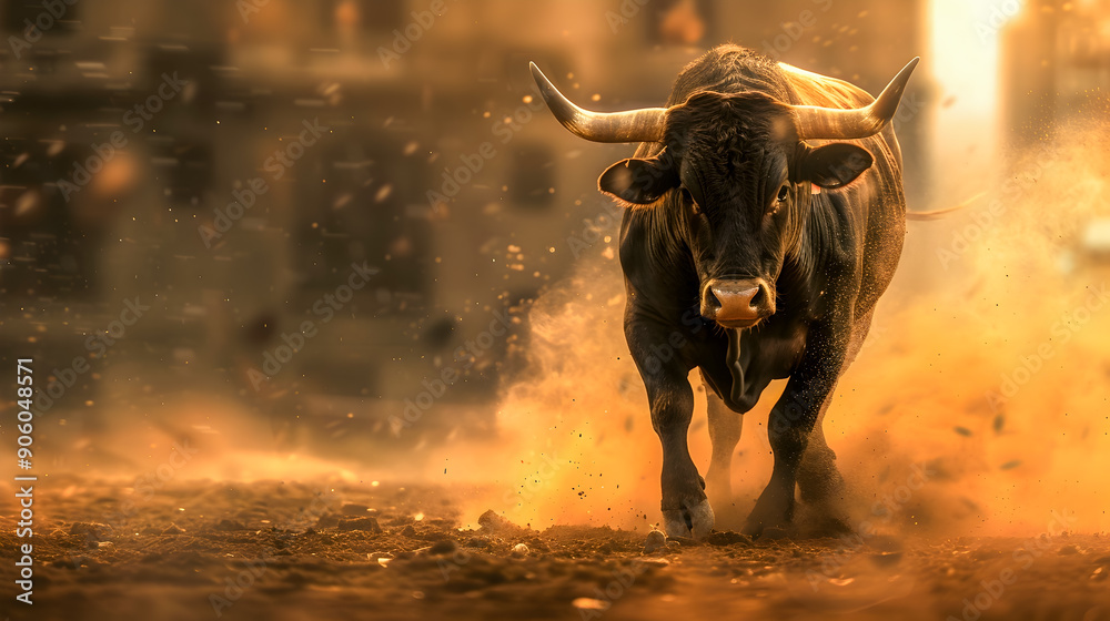 A striking photograph of a muscular bull charging towards the hooves ...