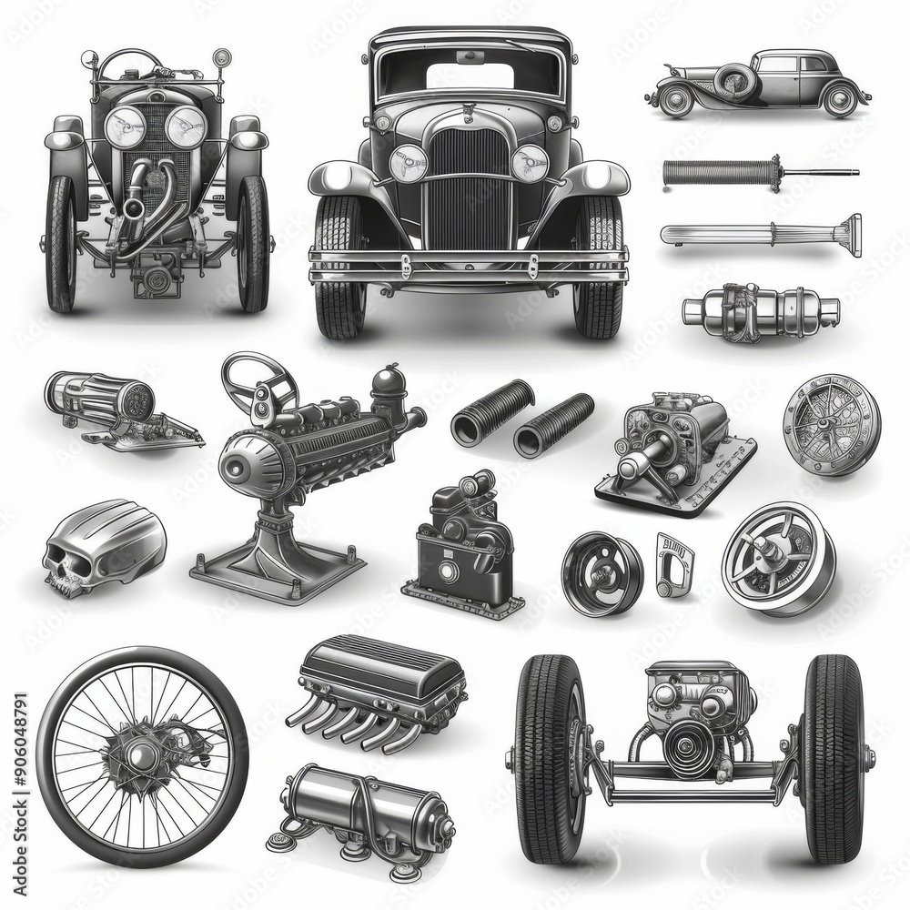 Vintage Car Parts Collection in Monochrome: A Vector Illustration of ...