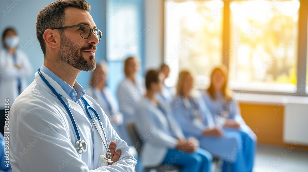 group of young doctors discussing, doctors wearing white gowns in a ...