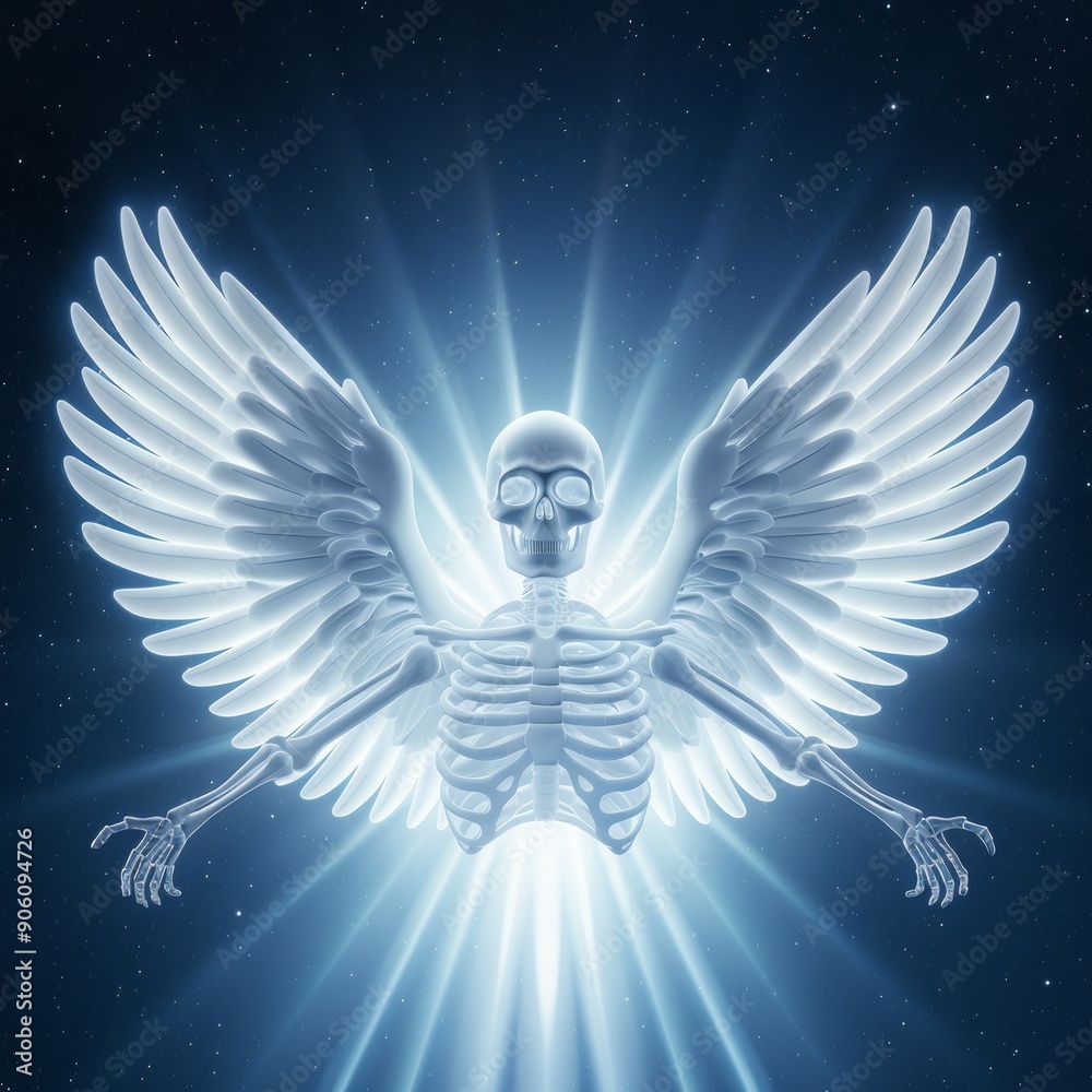 Spectral ethereal angelic figure with wings and glowing skeleton ...
