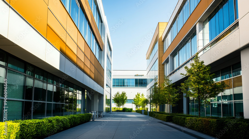 A sleek, modern hospital exterior with large glass windows and clean ...