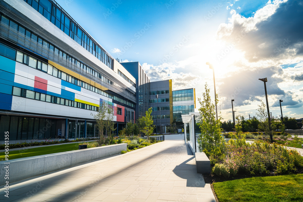 Exterior of a modern hospital building on a bright daylight, beautiful ...
