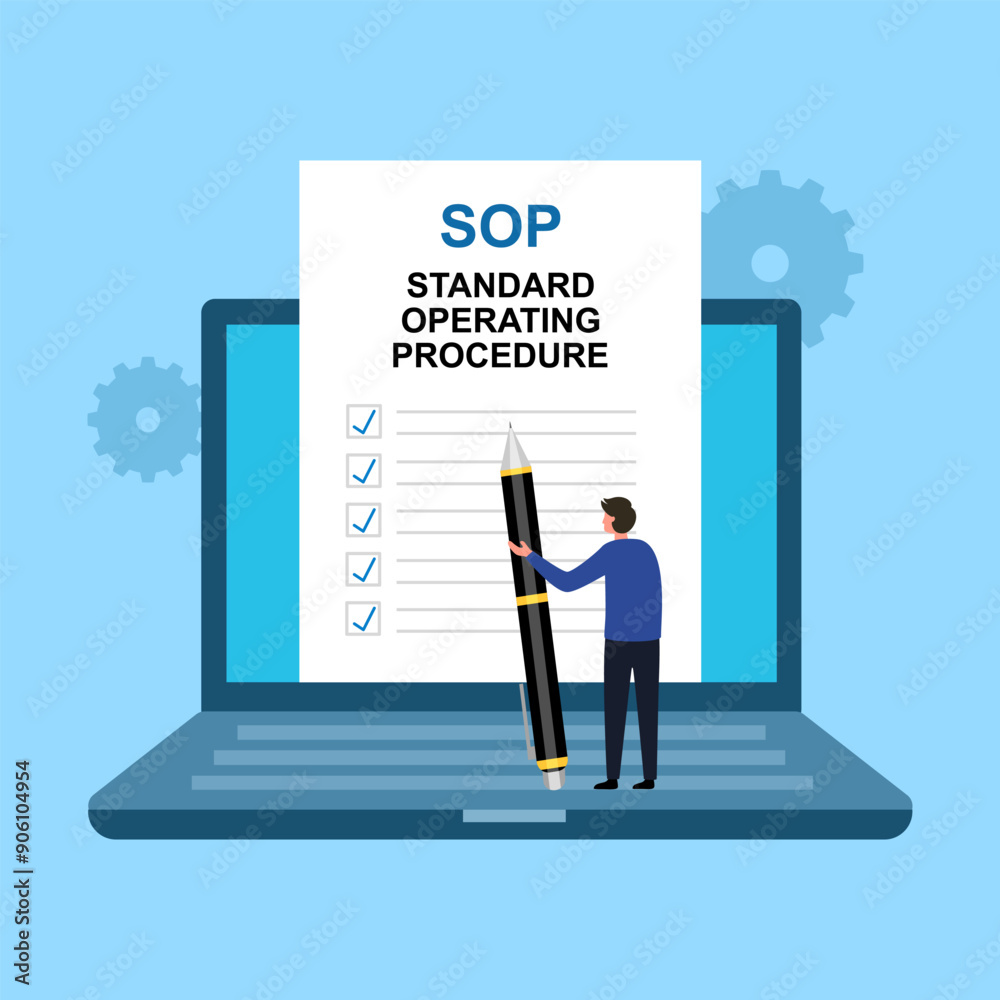 Sop, Standard Operating Procedure concept. Man writing step-by-step instructions compiled by ...