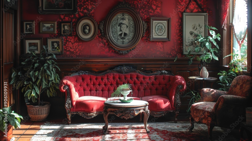 Background: The Victorian wallpaper features ornate, antique designs ...