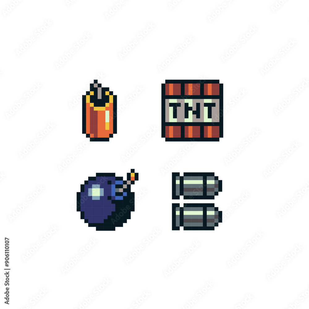 TNT pixel art style icons set, bomb and explosive, bullets, red ...
