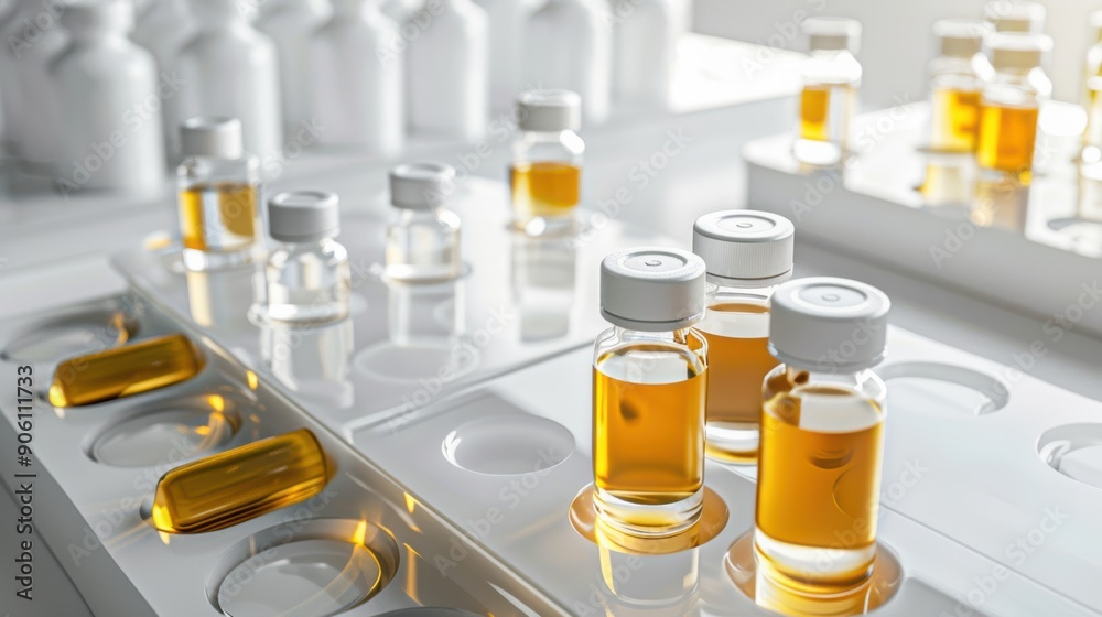 Streamlined pharma packaging, featuring vials with medicinal solutions ...