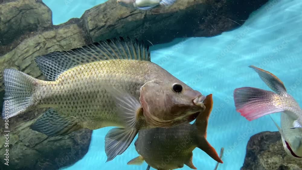 Tilapia swims in an aquarium at an oceanarium. Looking from the side ...