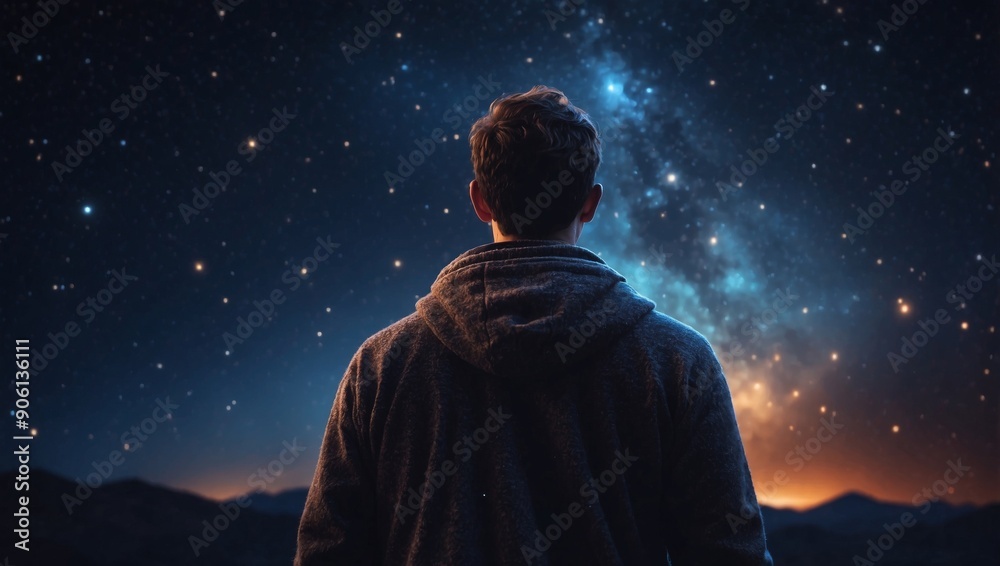 Back view of man looking at night sky with stars and nebula. Stock ...