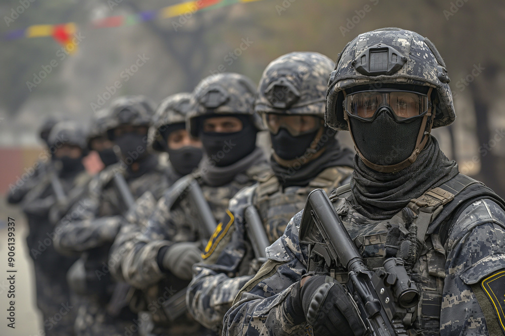 SWAT military team with full gear outfit stand by at crime scene. Stock ...