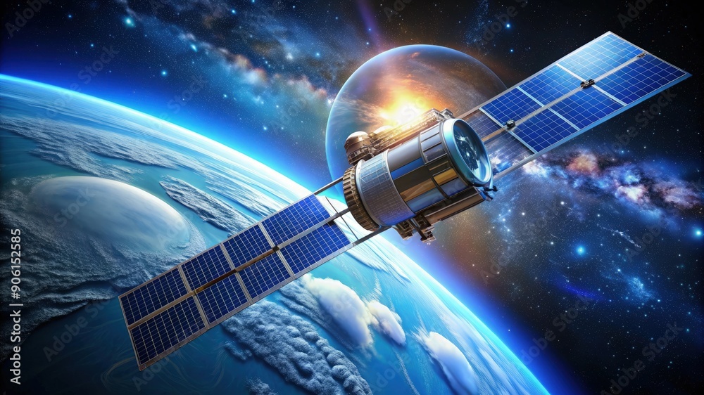 Satellite station with solar panels floating in space above blue round ...