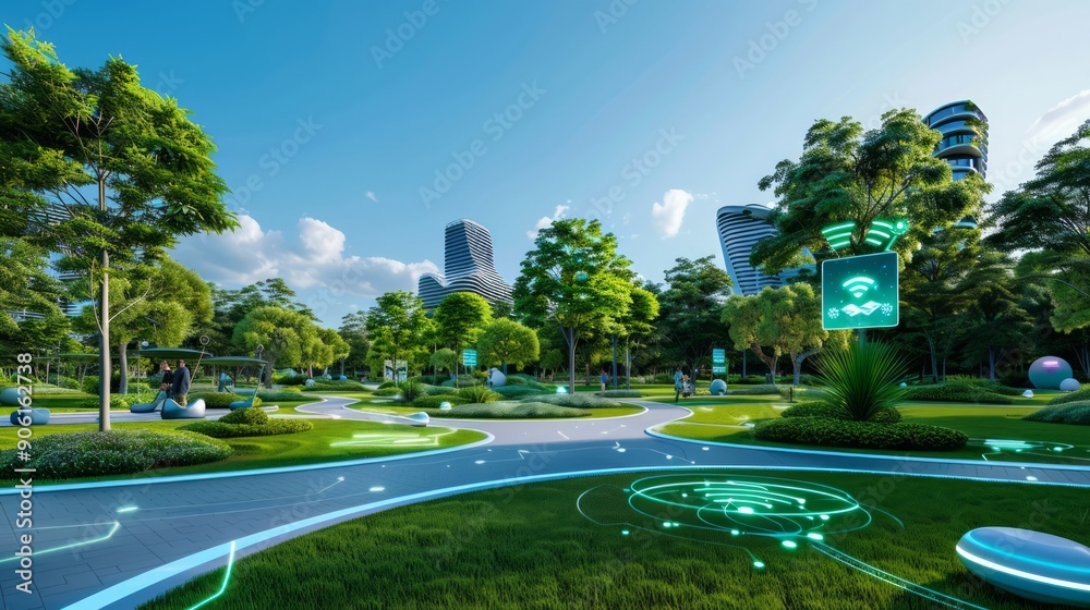 Futuristic urban park with holographic guides and IoT-connected environmental controls ...