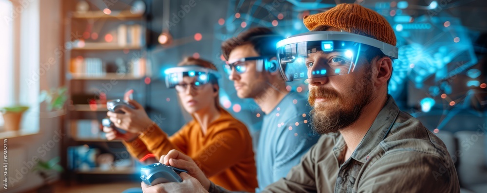 Tech enthusiasts interacting with holographic gaming interfaces and IoT ...