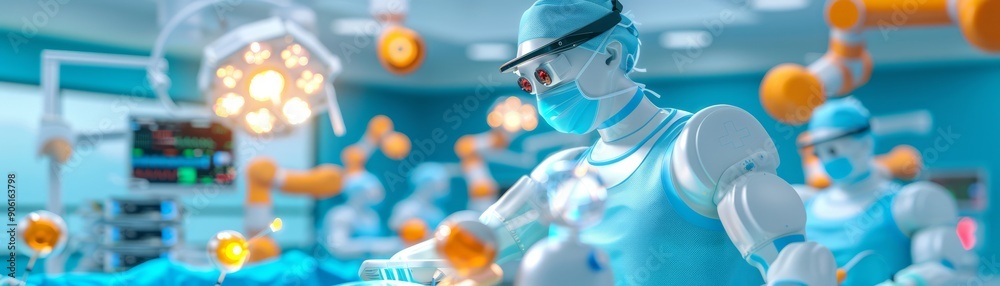 Modern surgical suite with robotic surgery systems, high-tech imaging ...