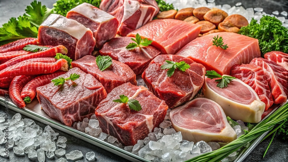 Assorted cuts of fresh raw meat, including beef, pork, and chicken ...