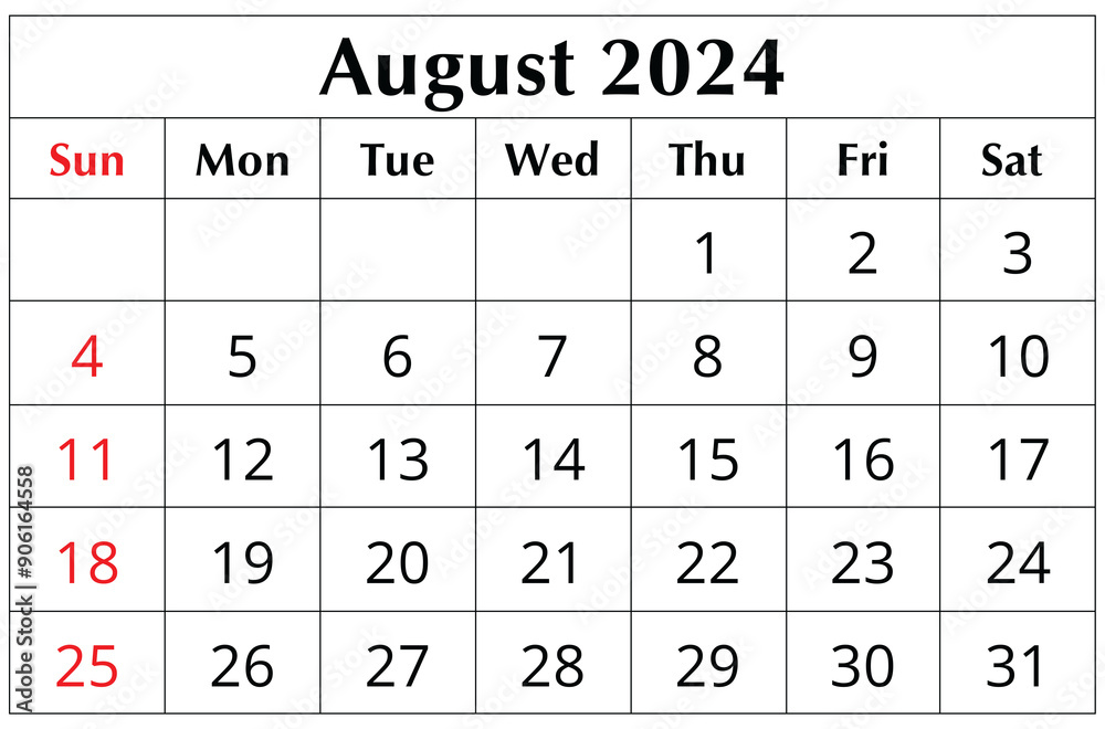 August 2024 ENGLISH month calendar. png transparent printable ...