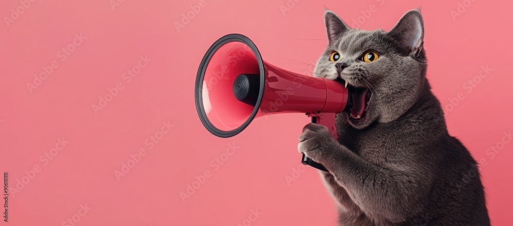 a grey cat holding a megaphone on a pink background, concept banner for ...