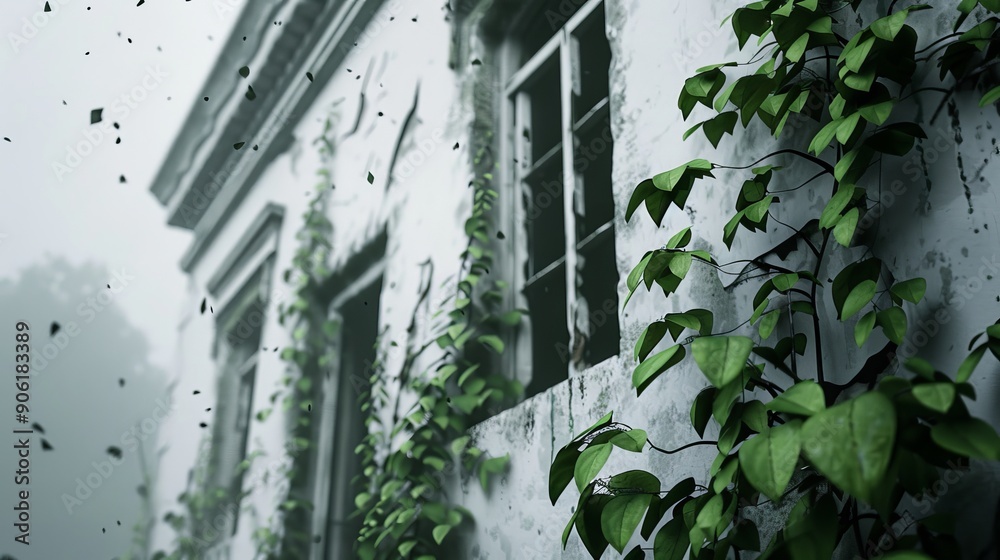 Forsaken mansion with broken windows and overgrown ivy, shrouded in a ...