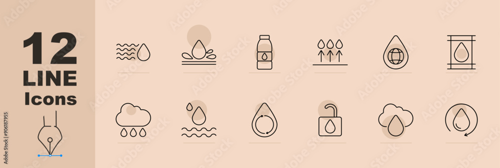 Water icons set. Water bottle, car with drop, treatment plant, H2O ...